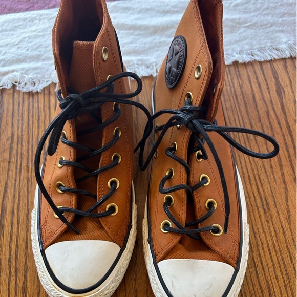 Converse | Shoes | Converse Tan Hightop Sneakers With Black Patch ...